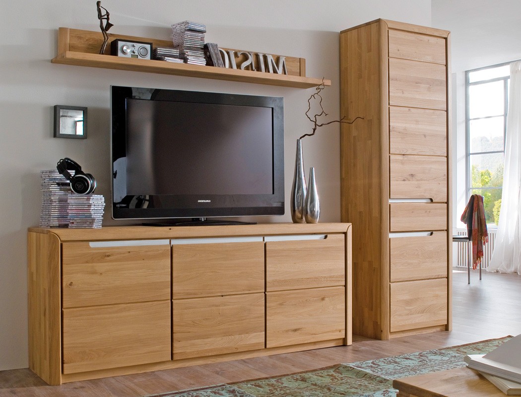 Wohnwand Pisa 34 Eiche bianco massiv 3 teilig Medienwand TV Wand 